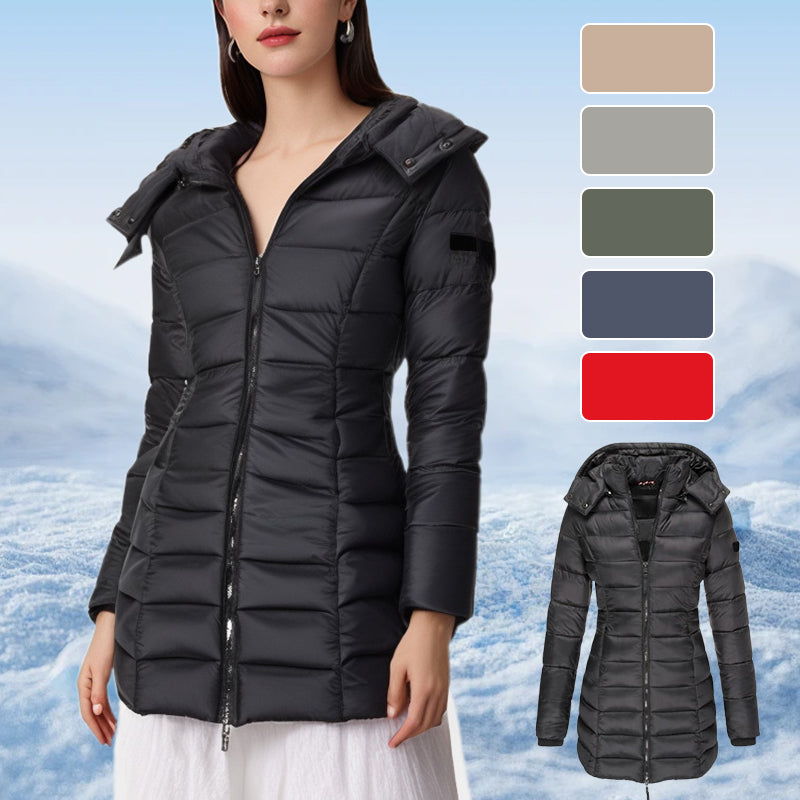 Winter women's mid-length padded jacket warm solid color hooded jacket ...